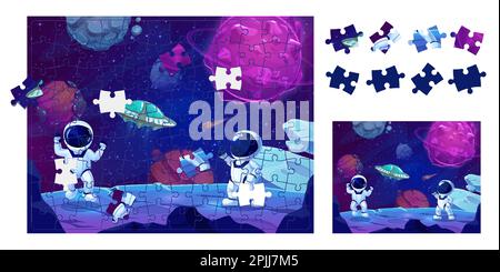 Cartoon space landscape and astronaut. Jigsaw puzzle game pieces ...
