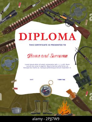 Hunter diploma hunting equipment and weapon. Vector award letter for ...