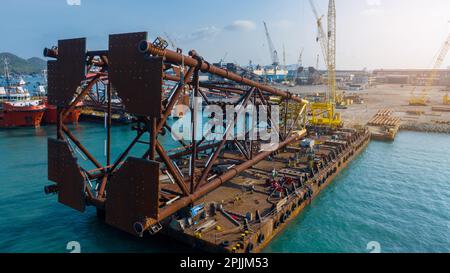 Big Drilling rid on Smart Barge. Construction port at harbor cranes at ...