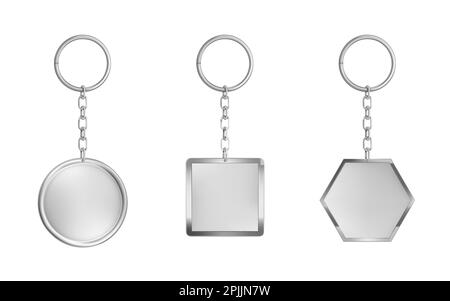 Keychains set. Metal round, square, triangle and star keyring holders ...