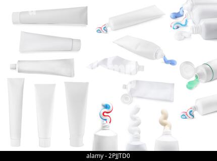 Collage with different toothpastes on white background. Banner design ...