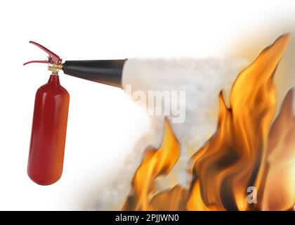 Putting out flame with fire extinguisher on dark background Stock Photo ...