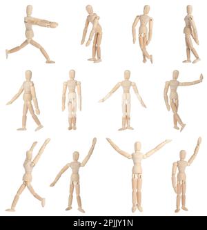 Set with wooden human models in different poses on white background ...