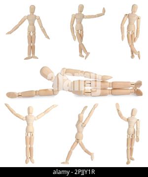Set with wooden human models in different poses on white background ...