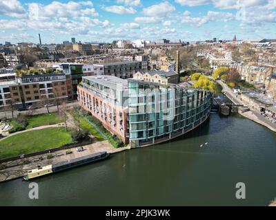 City road basin lock Regents canal Islington London UK drone aerial ...