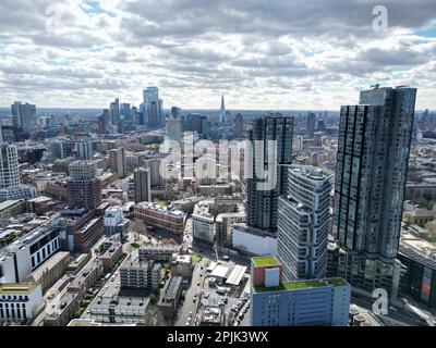 Aerial view of London, UK, Carrara Tower, Canaletto Towers, City Road ...