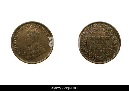 One quarter aana, 1956 India, Indian coin currency, studio shot against ...
