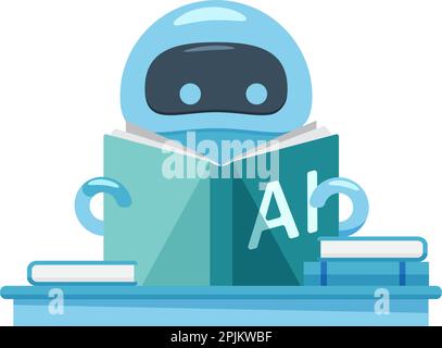 Robot or bot reading book named AI and sitting at the table. Artificial intelligence flat design ...