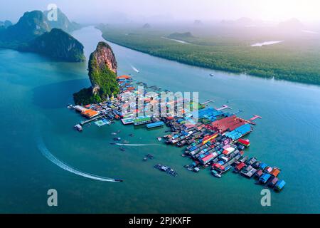 Aerial view of the village of Koh Panyee in Phang Nga bay, Thailand ...