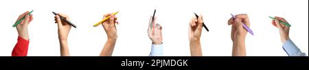 Collage with photos of people holding pens on white background Stock ...
