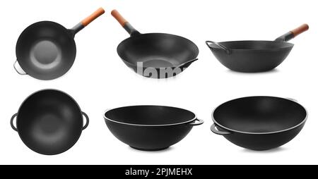 Set with empty woks on white background. Banner design Stock Photo - Alamy