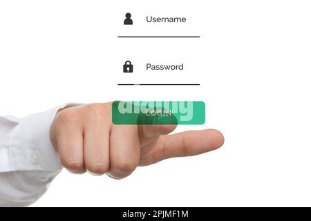 Illustration of authorization interface and man pressing button LOGIN ...