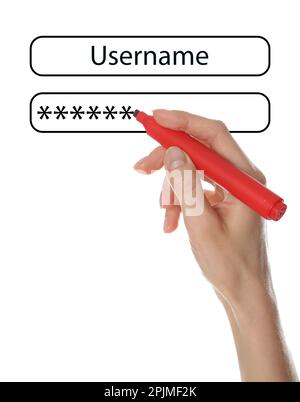 Illustration of authorization interface and woman with marker on light ...