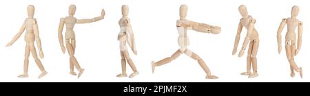 Set with wooden human models in different poses on white background ...