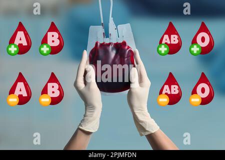 Images of drops representing different blood types and scientist with ...