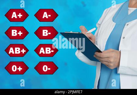 Icons representing different blood types and doctor with blood for ...