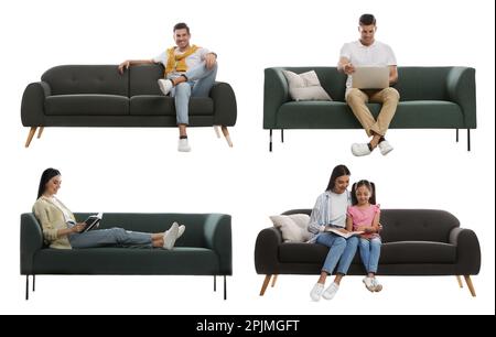 Collage with photos of people sitting on stylish sofas against white ...