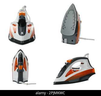 Set with modern irons on white background. Banner design Stock Photo ...