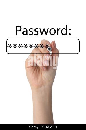 Illustration of authorization interface and woman with marker on white ...