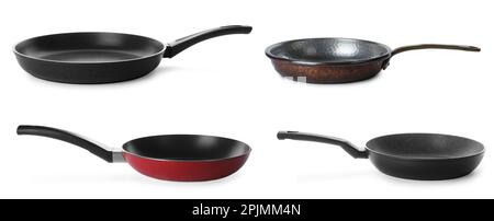 Set with different pans on white background. Banner design Stock Photo ...