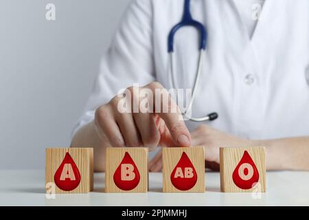 Images of drops representing different blood types and doctor, closeup ...