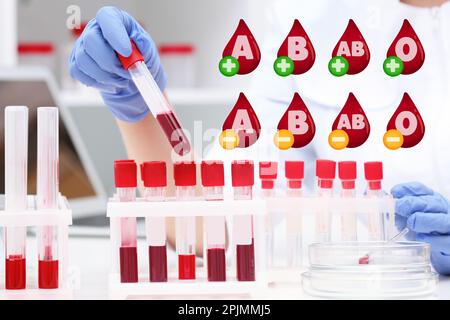 Images of drops representing different blood types and scientist with ...