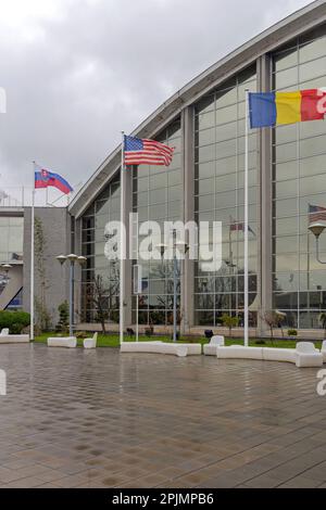 World Flags in Front of International Conference Hall Building Event ...
