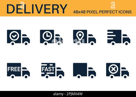 Delivery glyph icons set. Parcel packing, deliveryman, courier, order ...