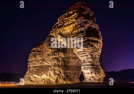 Sandstone elephant rock erosion monolith standing in the desert, Al Ula ...