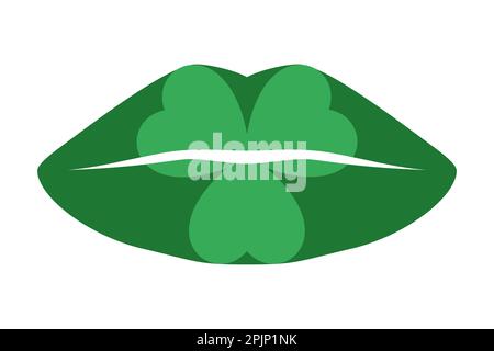 Lucky kiss. Green lips with shamrock. Irish kiss. 3 leaf clover. St ...