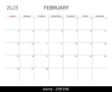 Letter calendar for February 2023. The week begins on Sunday. Time ...