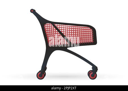 Plastic supermarket pushcart. Side view of realistic shopping cart or ...