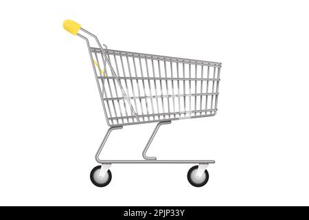 Metallic supermarket pushcart. Side view of realistic shopping cart or ...