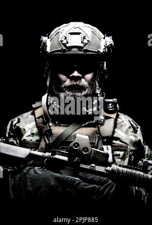 Close up portrait of bearded commando fighter, army special forces ...