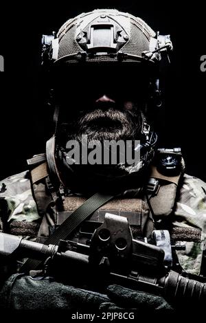 Private Military Company operator fire RPG rocket launcher isolated on ...