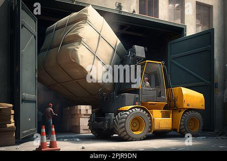 Forklift handling cargo container. Freight container loading. Container ...