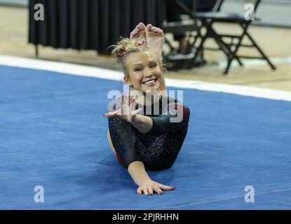 Utah gymnast Abby Paulson performs her beam routine during an NCAA ...