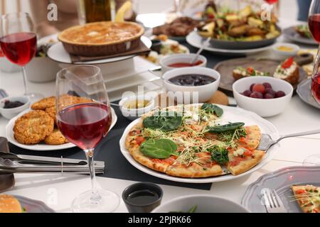 Brunch table setting with different delicious food, flat lay Stock ...