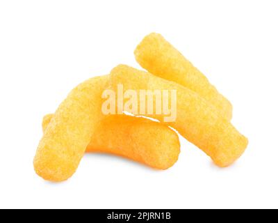 Tasty cheesy corn puffs isolated on white Stock Photo - Alamy