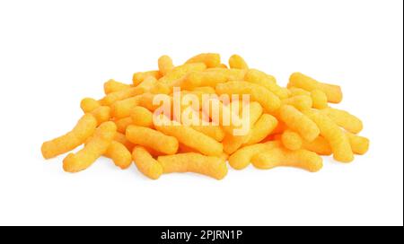 Many tasty cheesy corn puffs in bowl isolated on white Stock Photo - Alamy