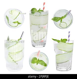 Set of glasses with refreshing cucumber water on white background, top view. Banner design Stock ...