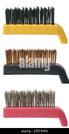 red and yellow plastic brushes with handle for cleaning isolated on ...