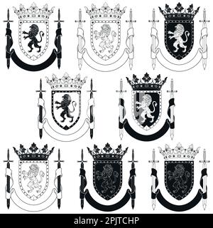 Vector design of rampant lion with sword and shield, heraldic symbol of ...