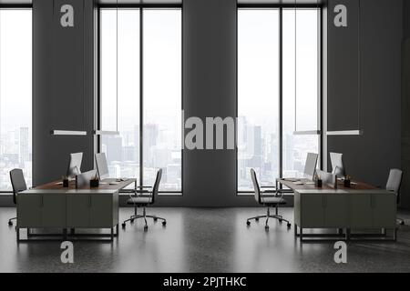 Dark office interior with armchairs and pc computer on desk in row ...