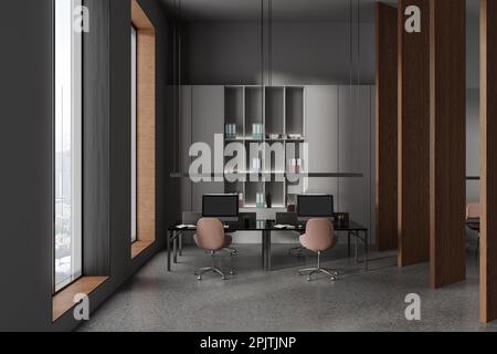 Stylish office interior with armchairs and pc computer on table in row ...