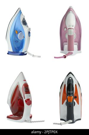 Set with modern irons on white background Stock Photo - Alamy