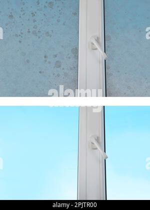 Collage with photos of window before and after cleaning indoors Stock ...