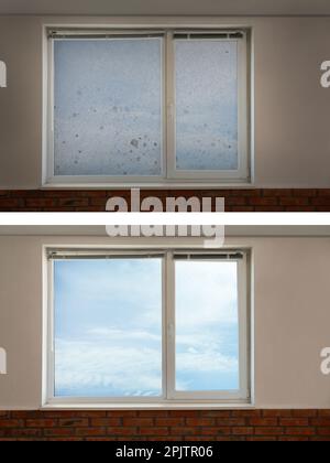 Collage with photos of window before and after cleaning indoors. Banner ...