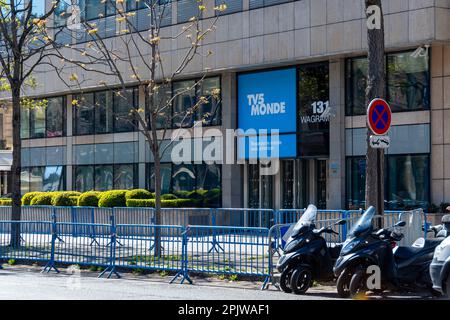 Entrance to the building housing the headquarters of TV5 Monde, an ...