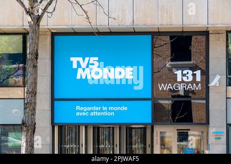 Entrance to the building housing the headquarters of TV5 Monde, an ...